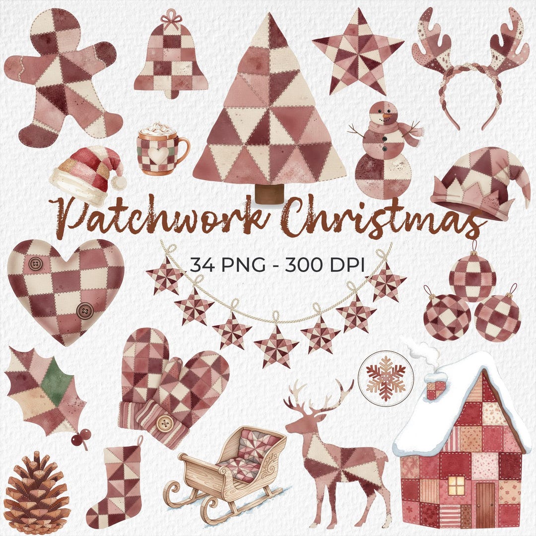 Patchwork Christmas Clipart Set | Rustic Quilted PNG (PDF) - Etsy