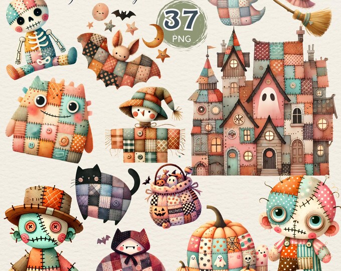 Patchwork Halloween Clipart Bundle: Watercolor Quilt Fabric PNG Set ...