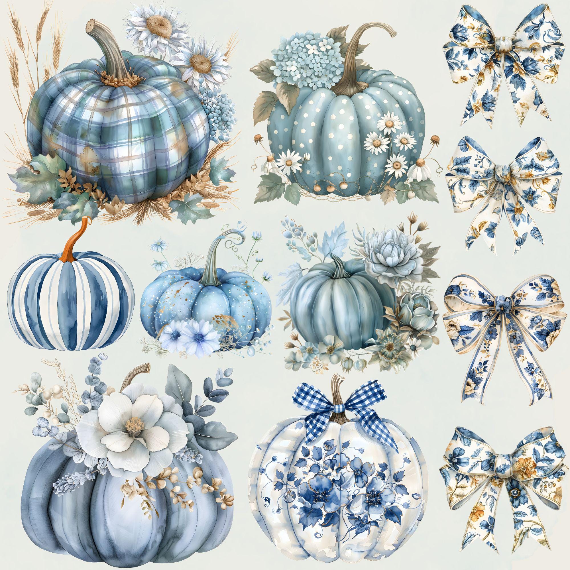 Blue Pumpkin Clipart Bundle, Floral Pumpkin Graphics, Blue Floral ...