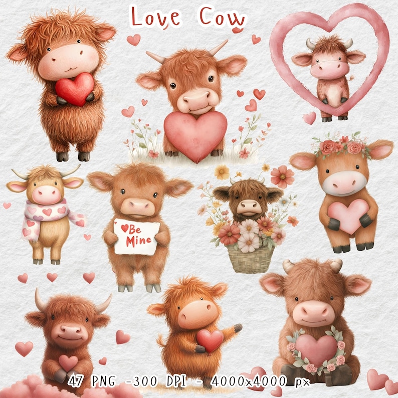 Cow Valentine Png , Highland Cow Clipart, Cute Knitted Cows , Valentine ...