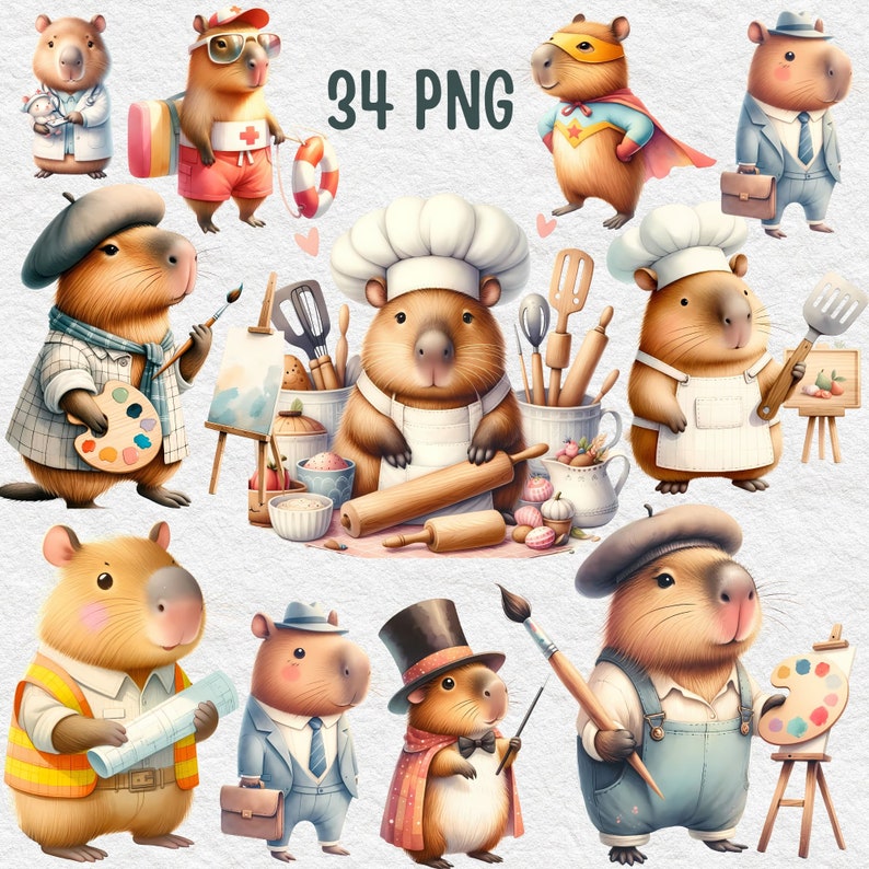 Cute Capybara Clipart Bundle, Watercolor PNG (34 Files) - Etsy Canada
