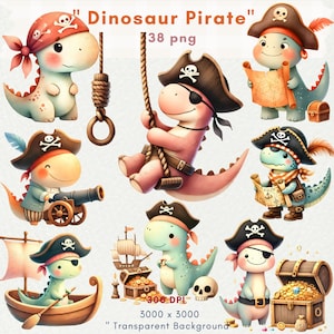 Watercolor Pirate Dinosaur Clipart, Cute Dinosaur Clipart, Dino Clip ...