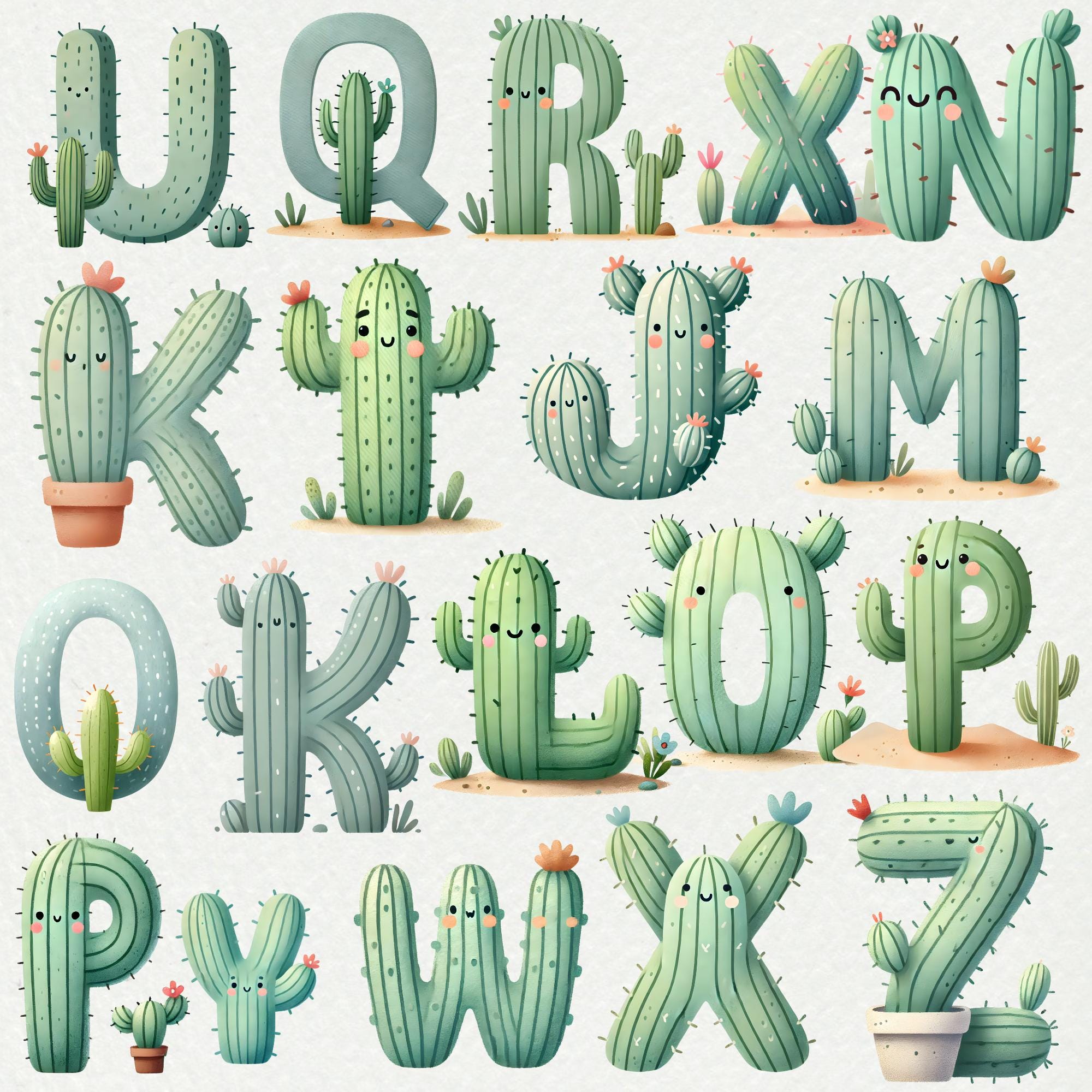 Watercolor Cactus Alphabet Clipart: Succulent Font, Numbers (PNG, PDF ...
