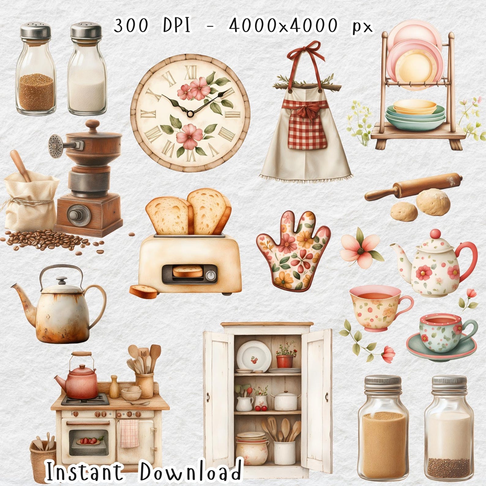 Vintage Kitchen Clipart: Floral Retro PNG Graphics (commercial Use) - Etsy