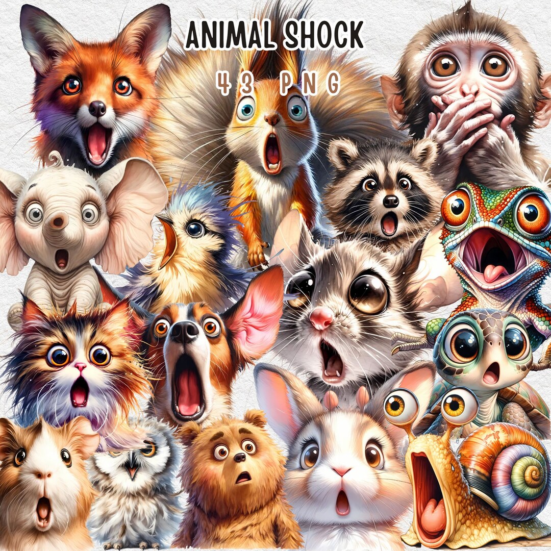 Shocked Animals Clipart: Watercolor Cartoon PNG Files (commercial Use ...