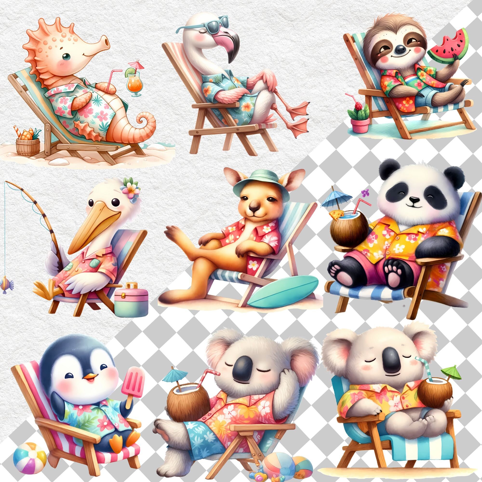 Animals Beach ,summer Animals Clipart, Animal Hawaiian Watercolor ...