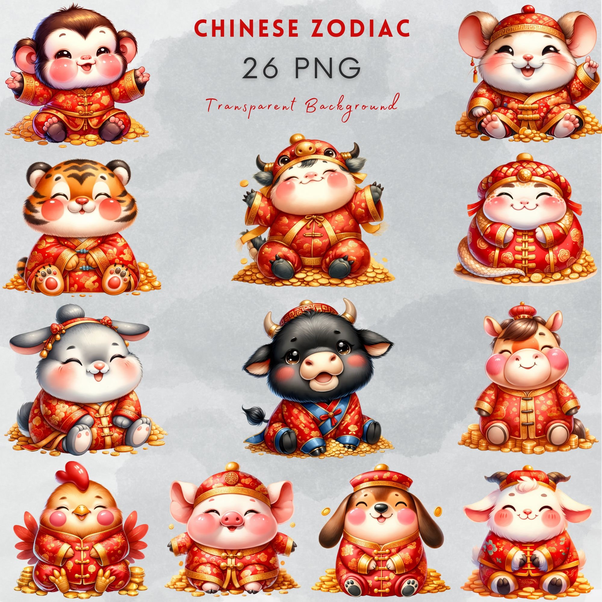 Chinese Zodiac Clipart, Animal Signs China Digital, Chinese New Year ...
