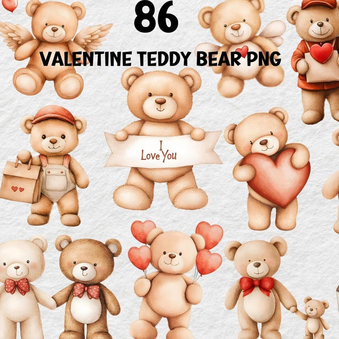 Valentine Bears Clipart Bundle, Cute Teddy Bear, Valentines Day PNG ...