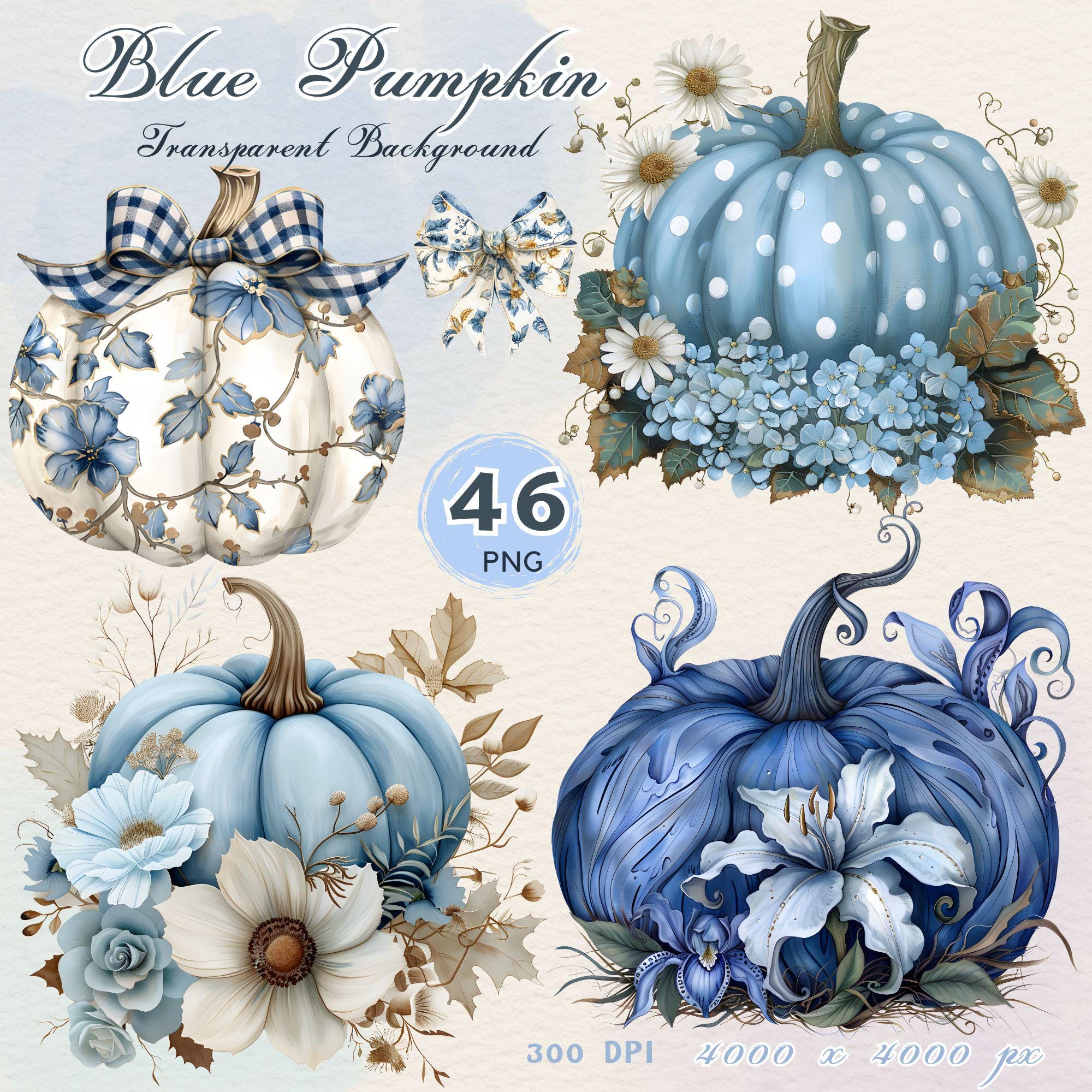 Blue Pumpkin Clipart Bundle, Floral Pumpkin Graphics, Blue Floral ...