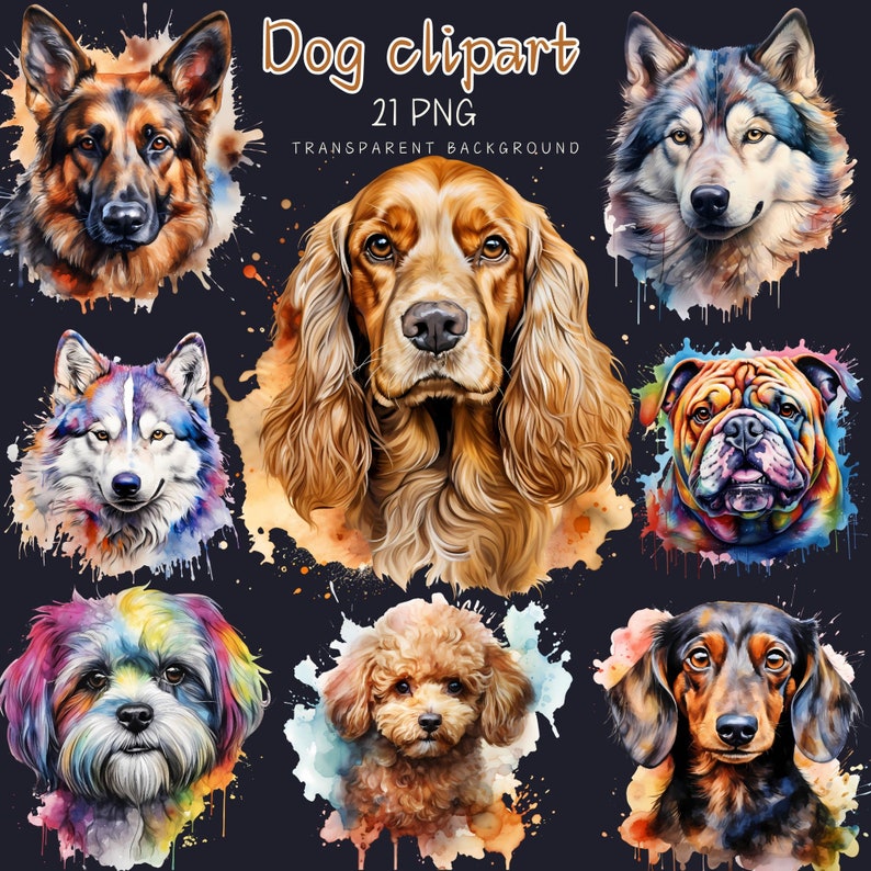 Assorted Dog Clipart, Watercolor Dog Clipart, Dog Art, Cool Dogs , Dog ...
