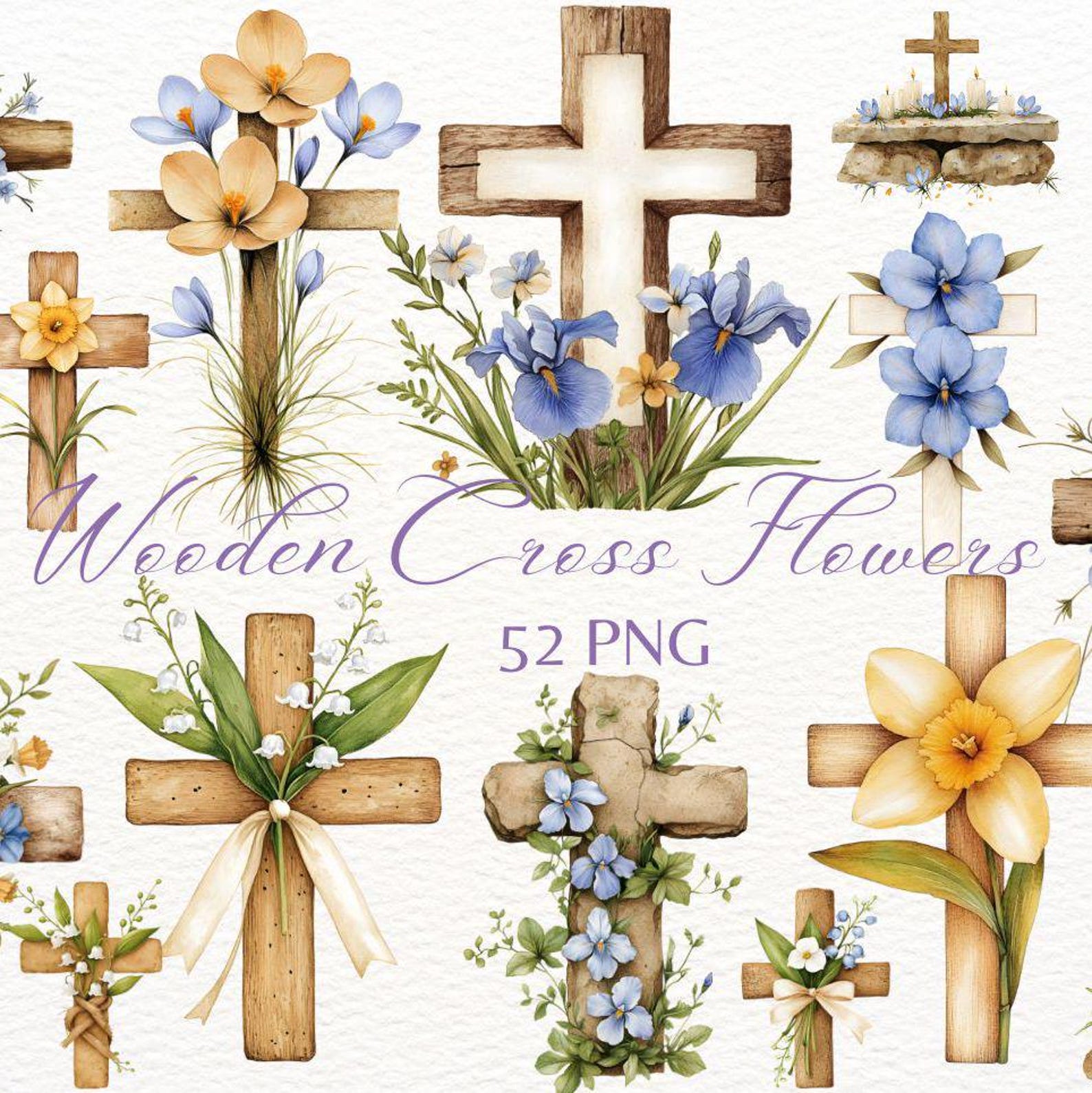 Watercolor Cross Flowers PNG Clipart: Christian Easter Designs (digital ...