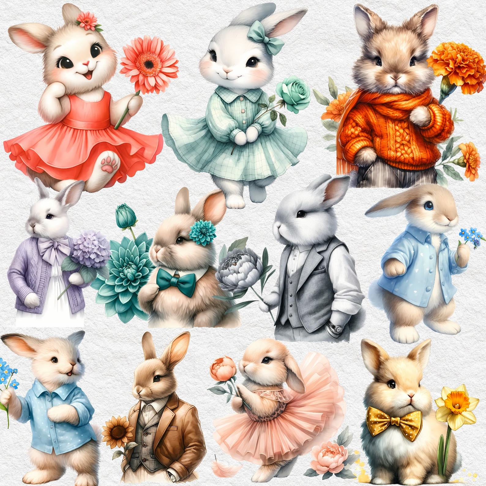 Flower Rabbit Clipart: Vintage Bunny PNG Images (44 Files) - Etsy