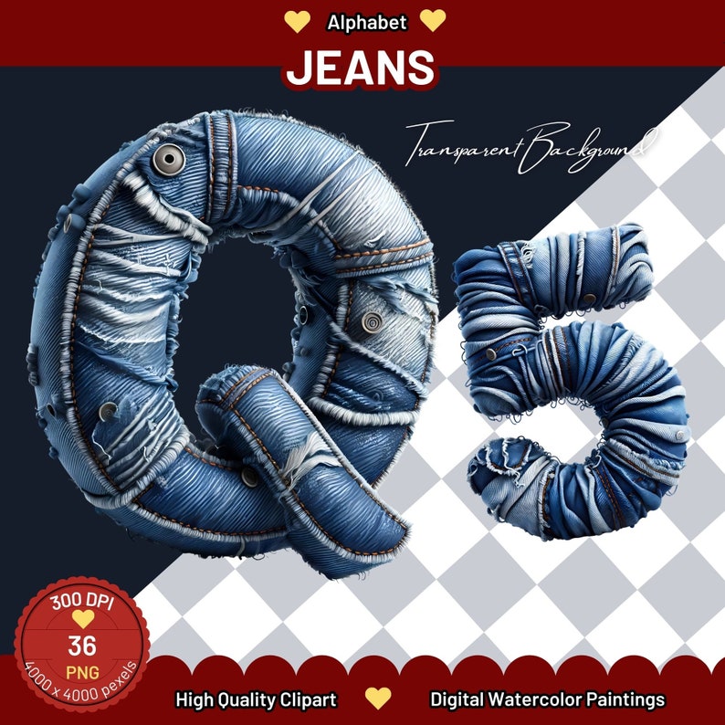 Denim Alphabet, Denim Clipart, Watercolor Denim Clipart, Denim Jeans ...