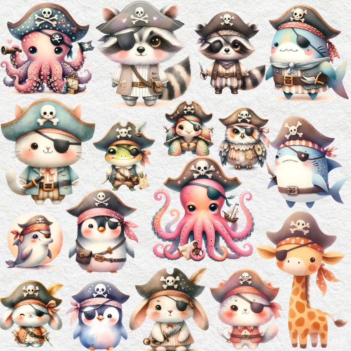 Watercolor Pirate Animals, Cute Pirate Clipart, Elephant Clipart, Baby ...