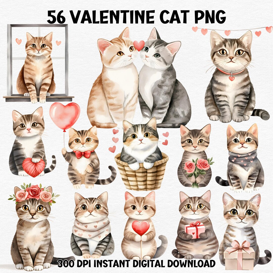 Watercolor Cat Valentine Clipart, Cute Kitty PNG (digital Download) - Etsy
