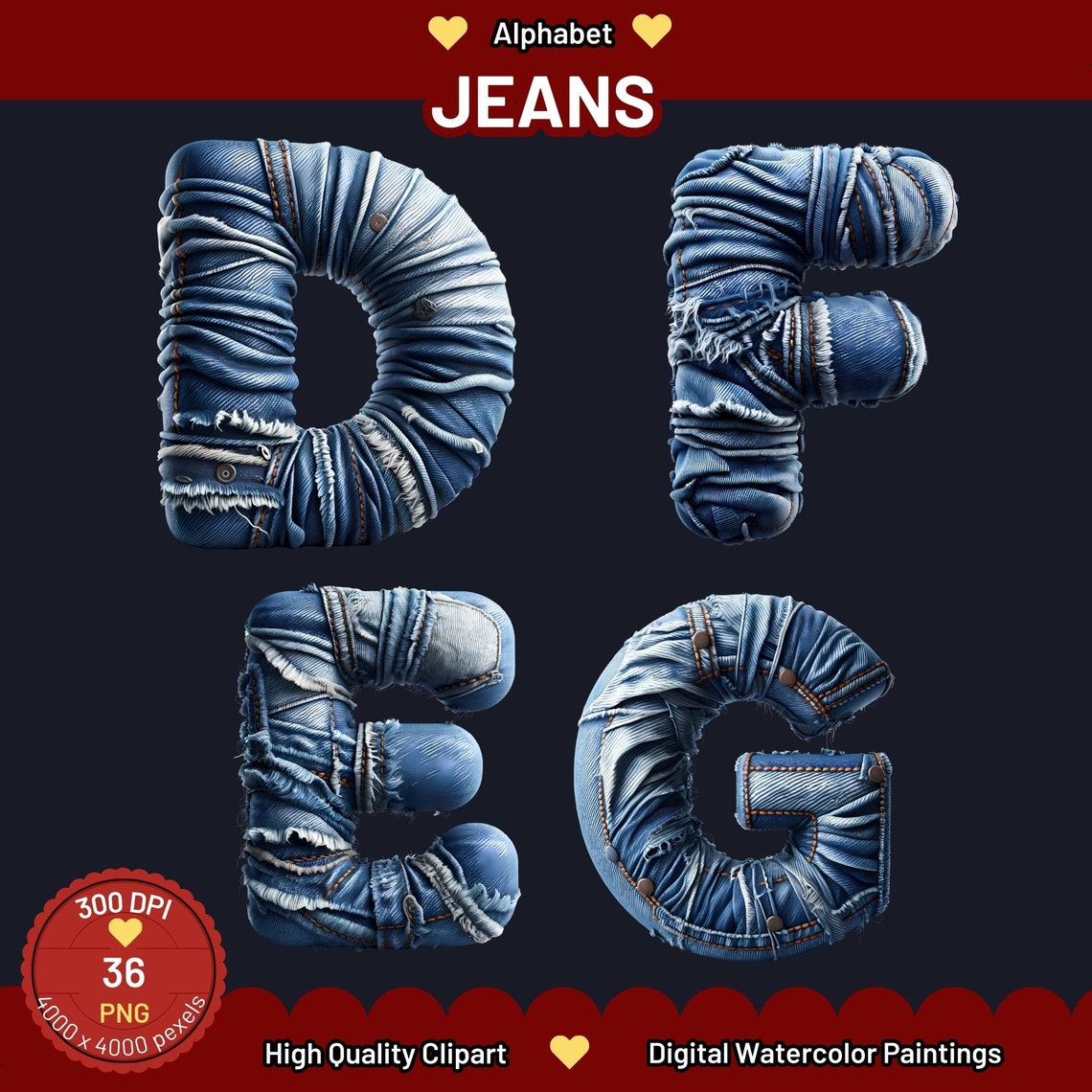 Denim Alphabet, Denim Clipart, Watercolor Denim Clipart, Denim Jeans ...