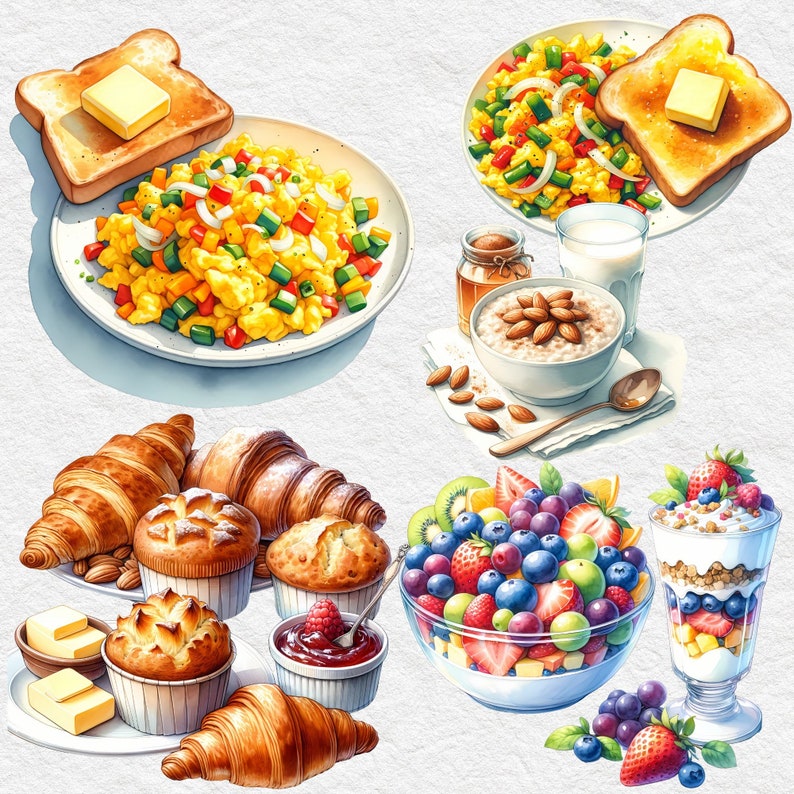 Watercolor Breakfast Clipart: 33 PNG Food Illustrations (PDF) - Etsy