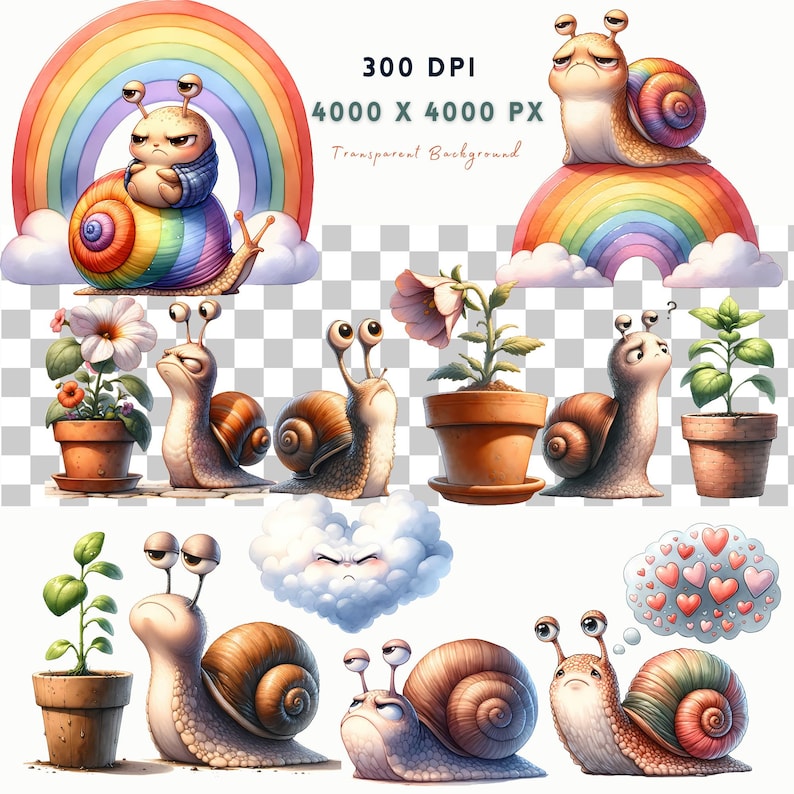 Grumpy Snail Clipart, Watercolor Snail Clipart, Snail Clipart, Little ...