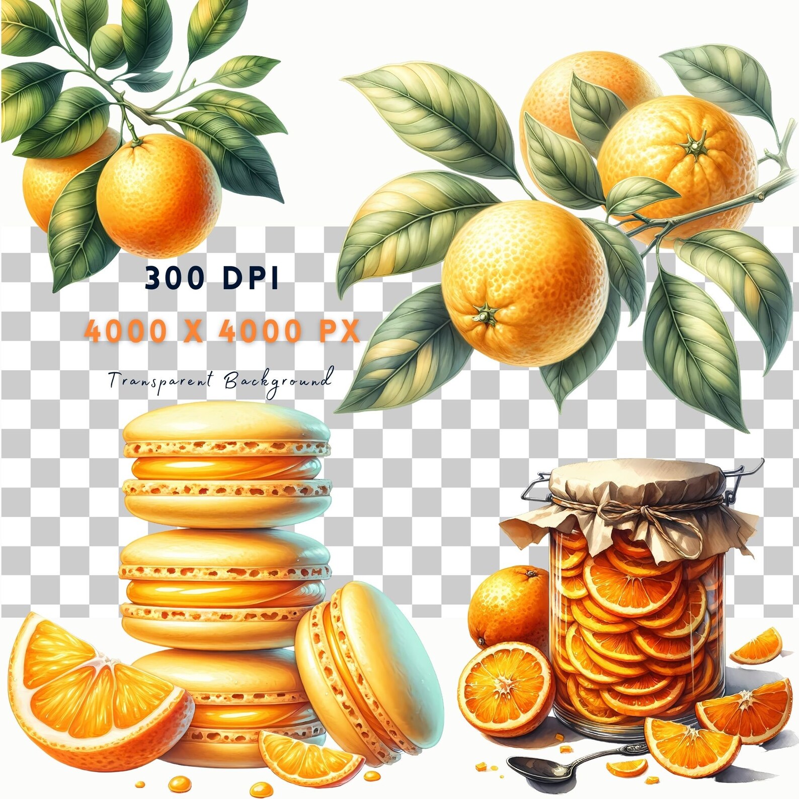 Watercolor Orange Clipart: Fruit Basket, Cake, Juice (PNG, PDF) - Etsy