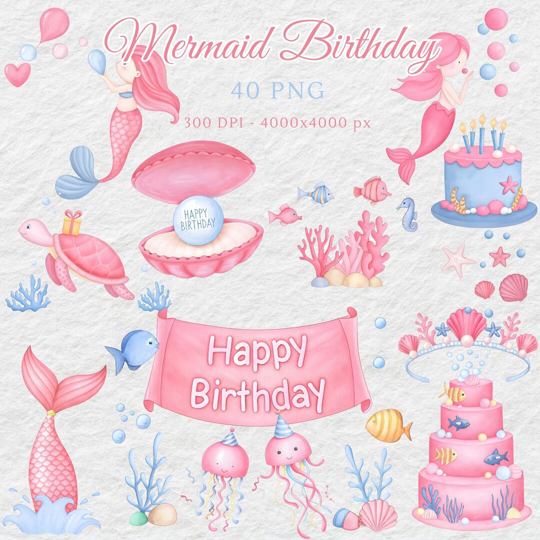 Mermaid Birthday Png , Cute Mermaid PNG, Girl Birthday Clipart, Baby ...