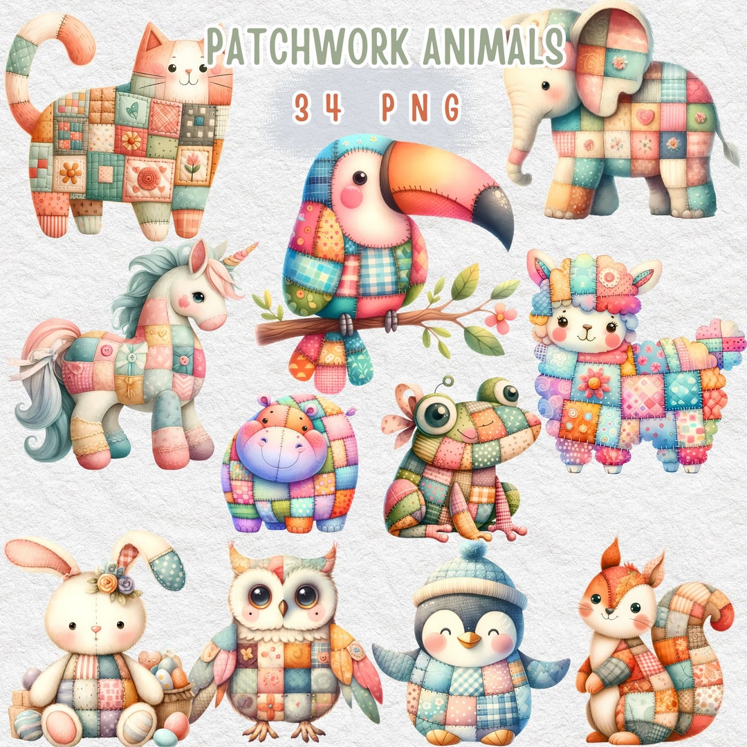 Patchwork Animal Clipart, Patchwork Clipart, Patchwork Animals, Watercolor Patchwork, Instant ...