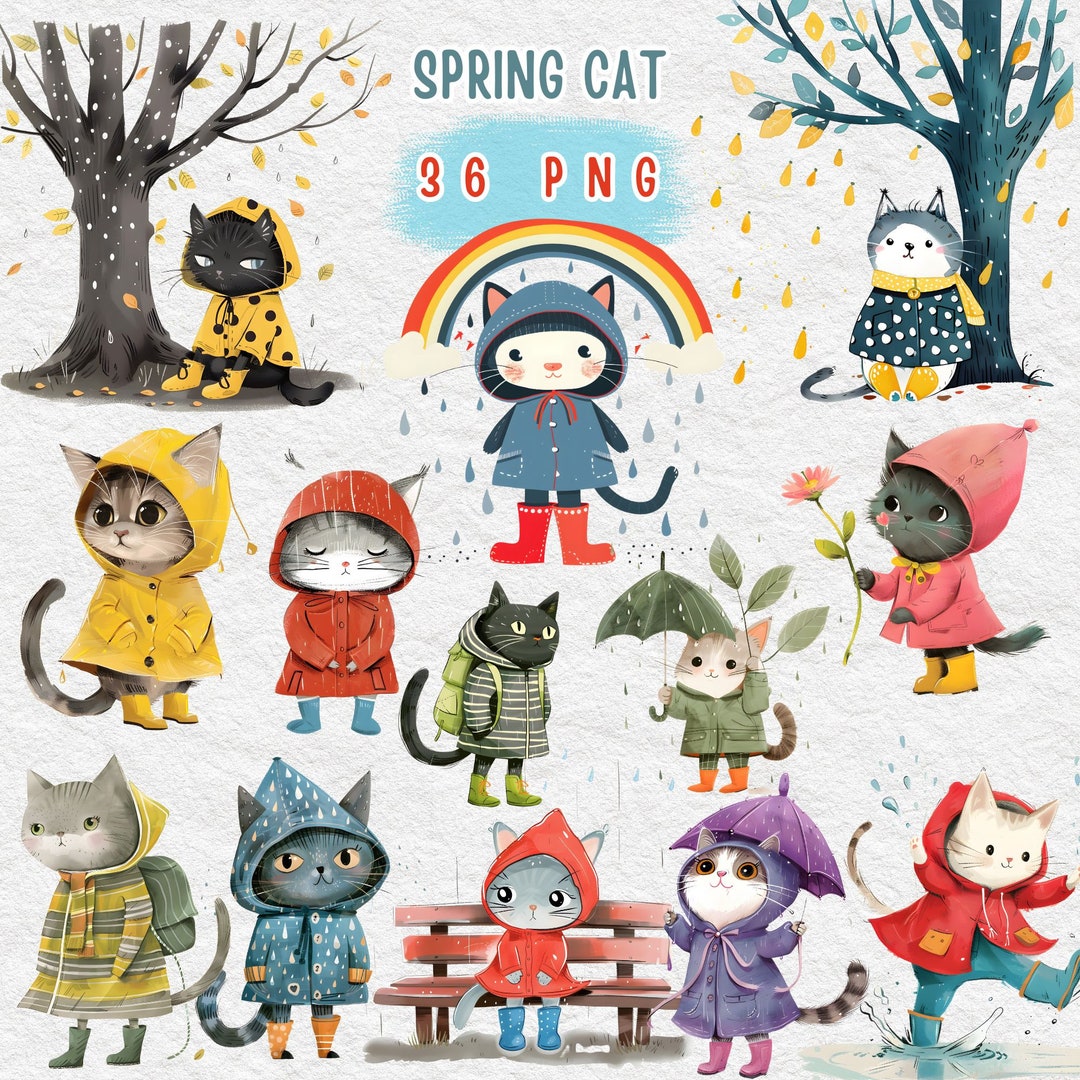 Spring Cat, Cute Cat Clipart, Cat Umbrella, Cat in Raincoat Clipart ...