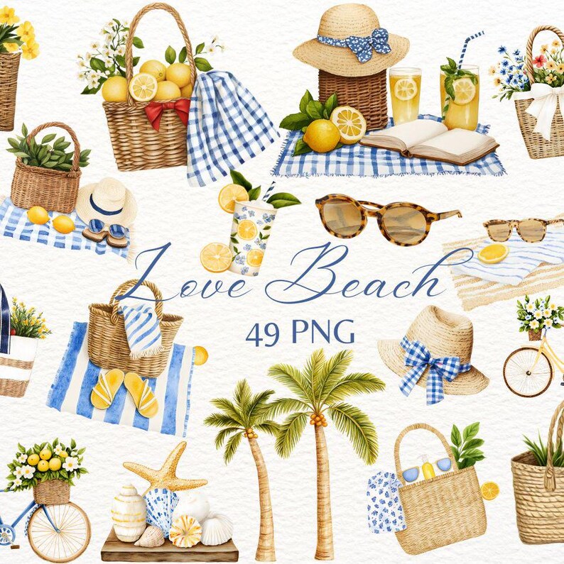 Watercolor Summer Beach Clipart: 49 PNG Graphics (PDF Download) - Etsy