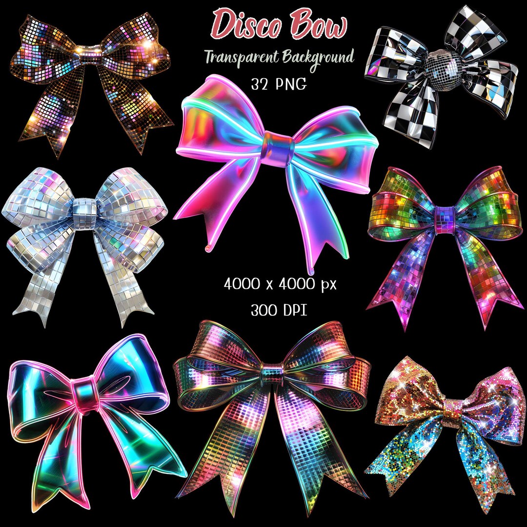 Disco Bow Png Bundle, Glitter Bow PNG, Trendy Fall Design, Softgirl ...