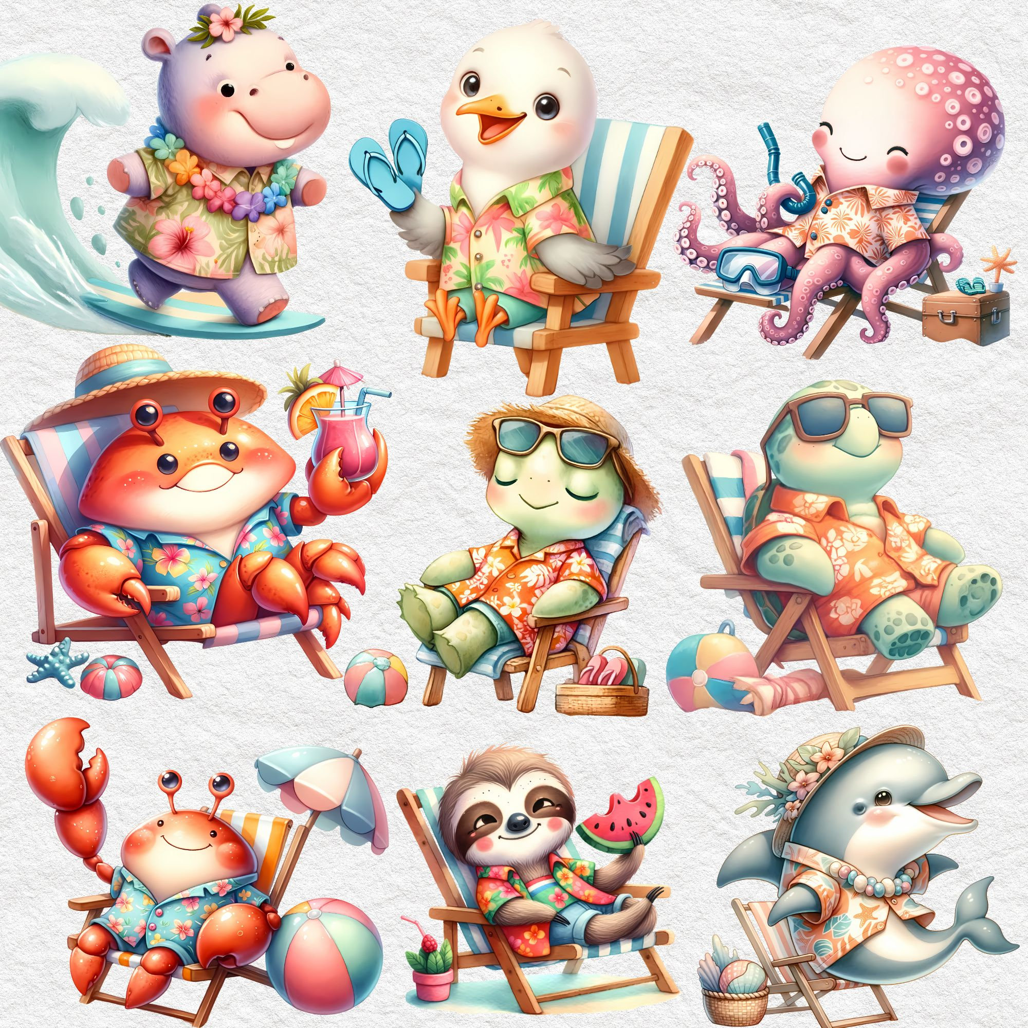 Animals Beach ,summer Animals Clipart, Animal Hawaiian Watercolor ...