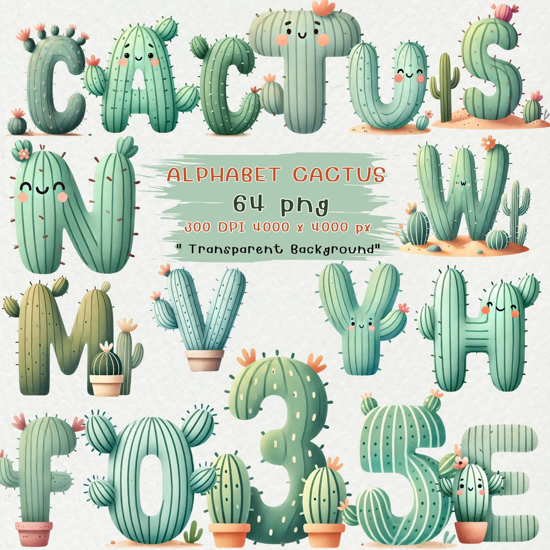 Watercolor Cactus Alphabet Clipart: Succulent Font, Numbers (PNG, PDF ...