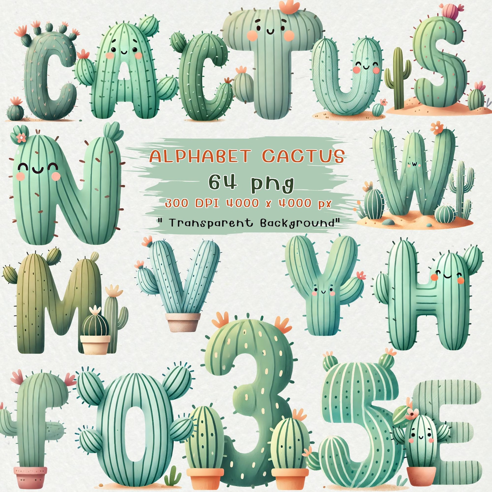 Watercolor Cactus Alphabet Clipart: Succulent Font, Numbers (PNG, PDF ...