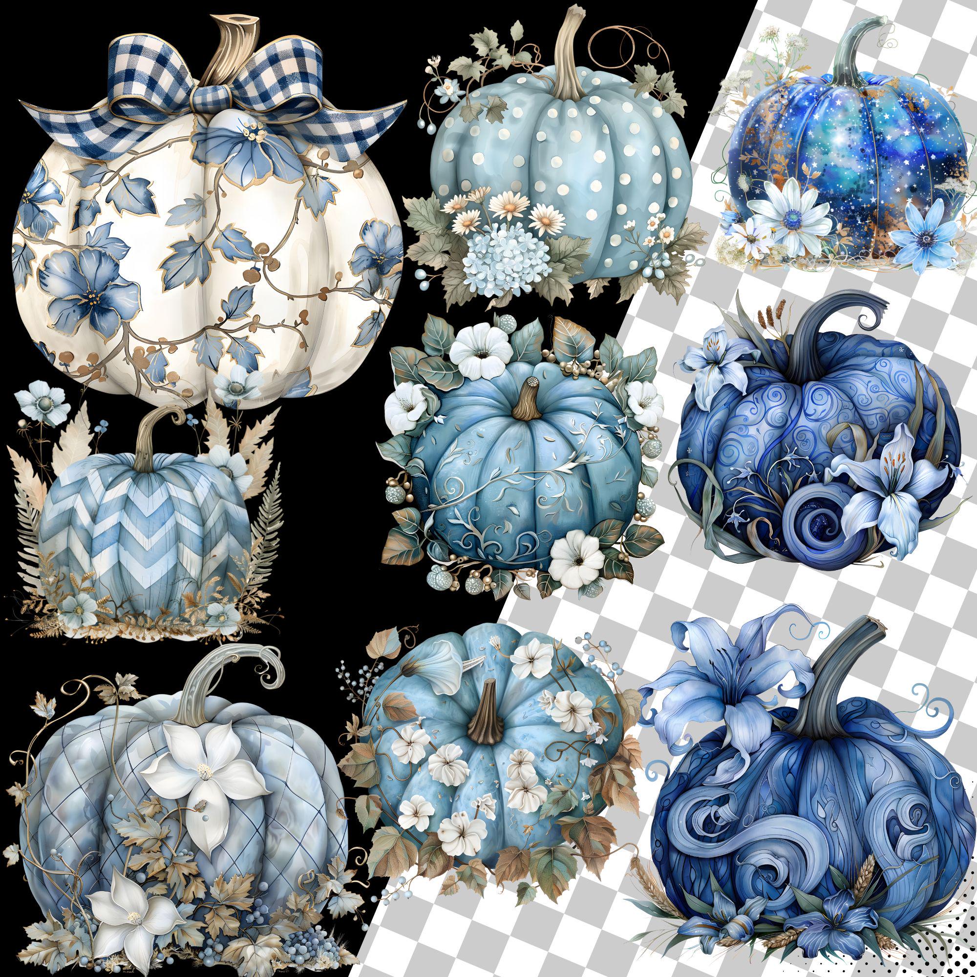 Blue Pumpkin Clipart Bundle, Floral Pumpkin Graphics, Blue Floral ...