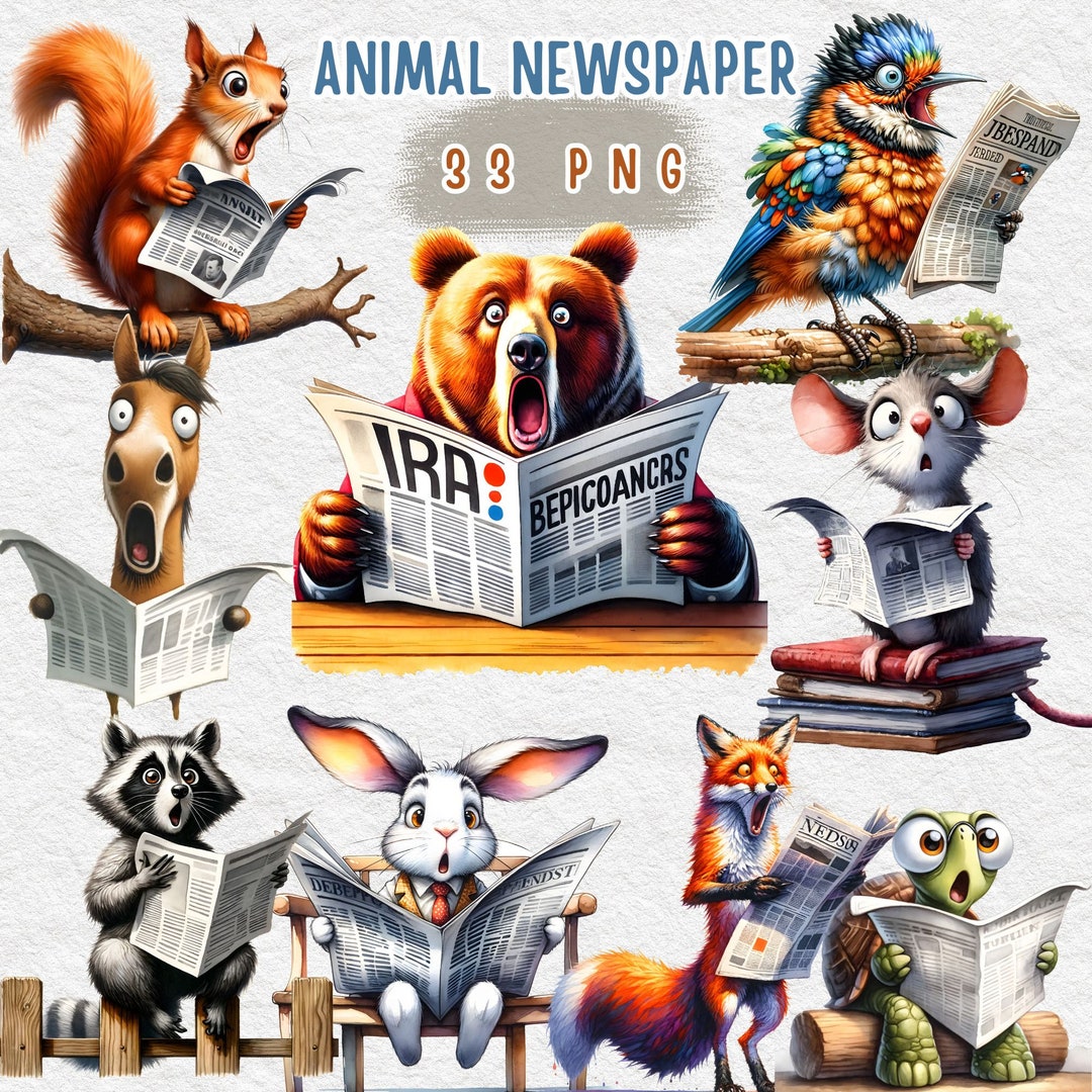 Watercolor Animals Reading Newspaper Clipart: 33 Pngs (commercial Use ...