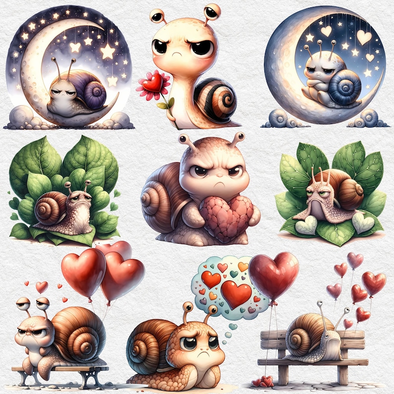 Grumpy Snail Clipart, Watercolor Snail Clipart, Snail Clipart, Little ...