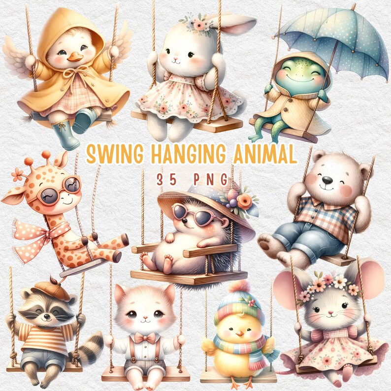Animals on Swings Clipart: Nursery Decor PNG (digital Download) - Etsy