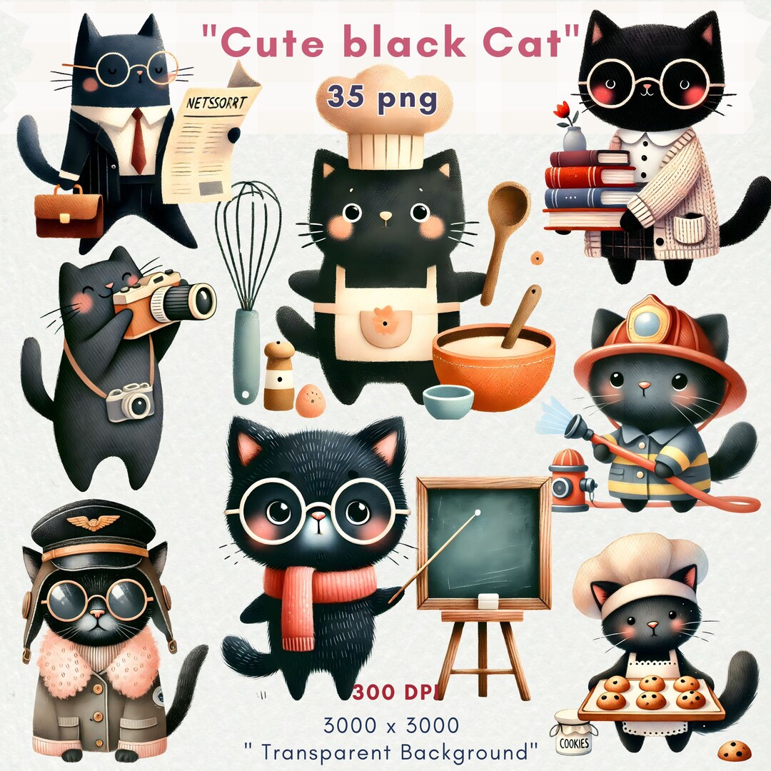 Watercolor Cute Cats, Black Cat, Cute Cat Clipart,cat Clipart Png, Cute ...