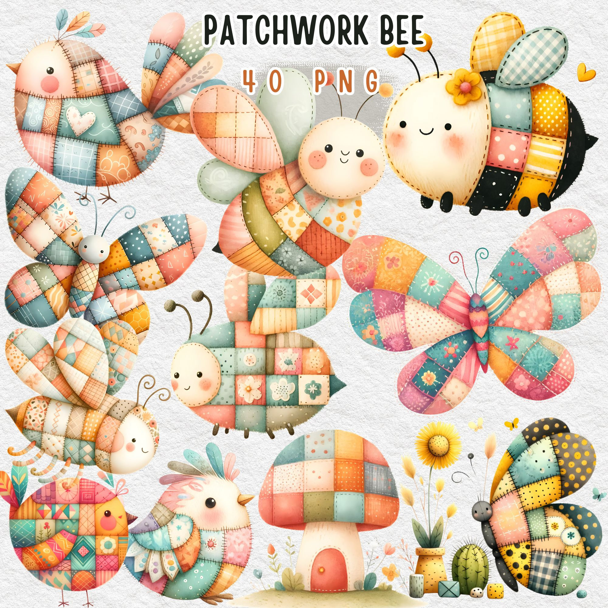 Patchwork Bee, Patchwork Animal Clipart, Patchwork Clipart, Patchwork Butterfly, Bird, Bee ...