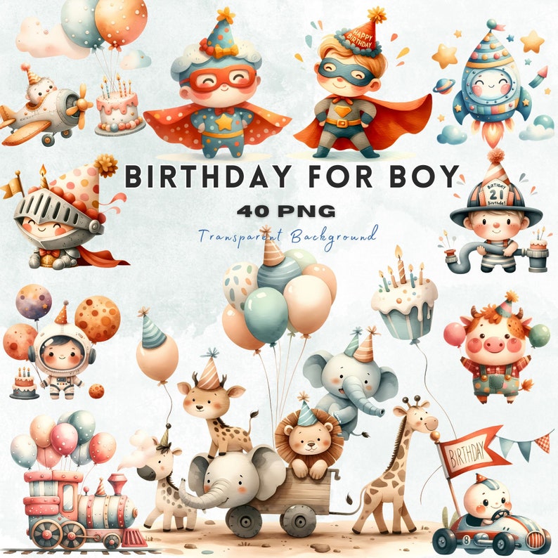 Birthday Party Clipart Bundle, Boy Birthday Clipart, Happy Birthday PNG ...