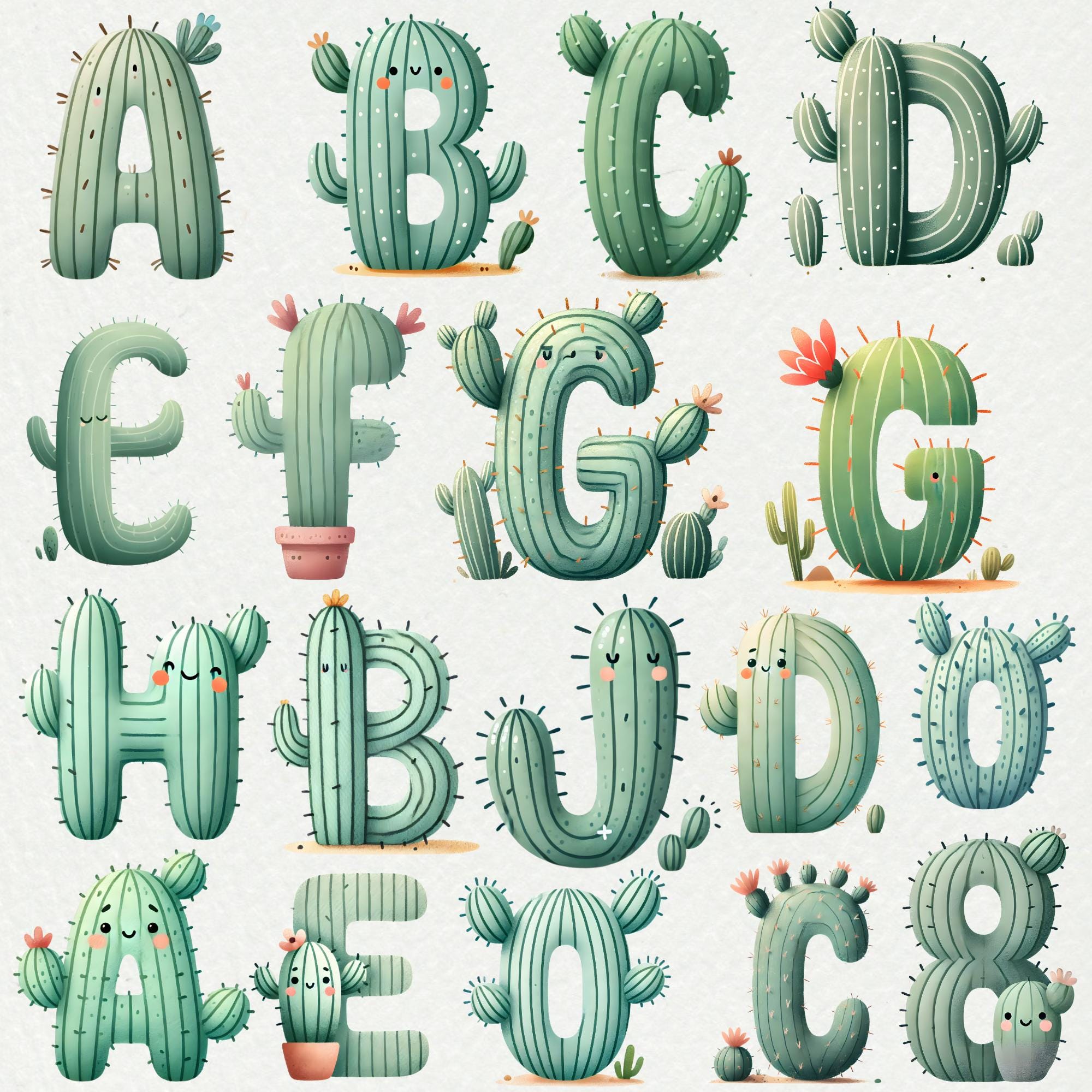 Watercolor Cactus Alphabet Clipart: Succulent Font, Numbers (PNG, PDF ...