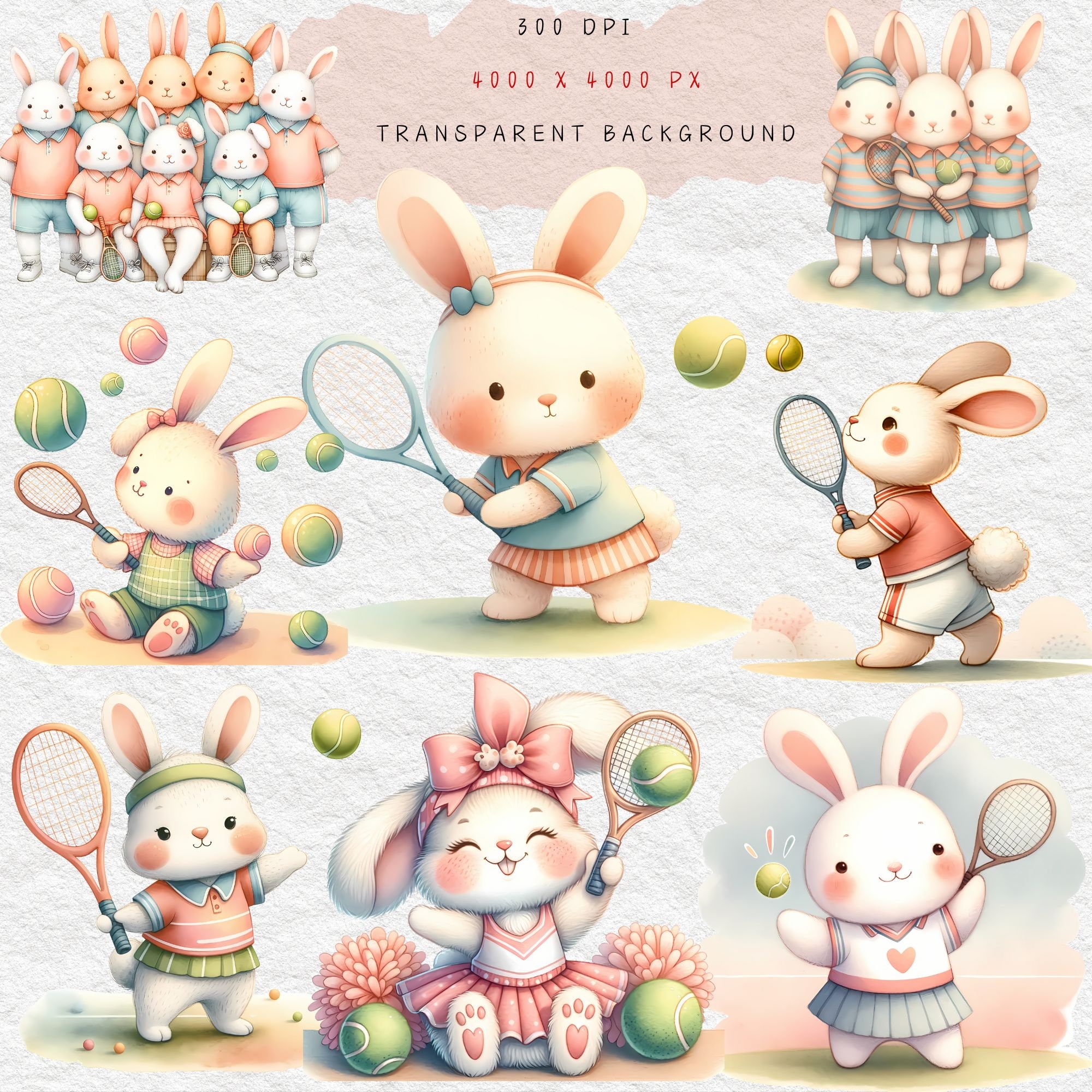 Bunny Tennis Clipart, Sport Animal Clipart, Tennis Clipart, Cute Rabbit ...