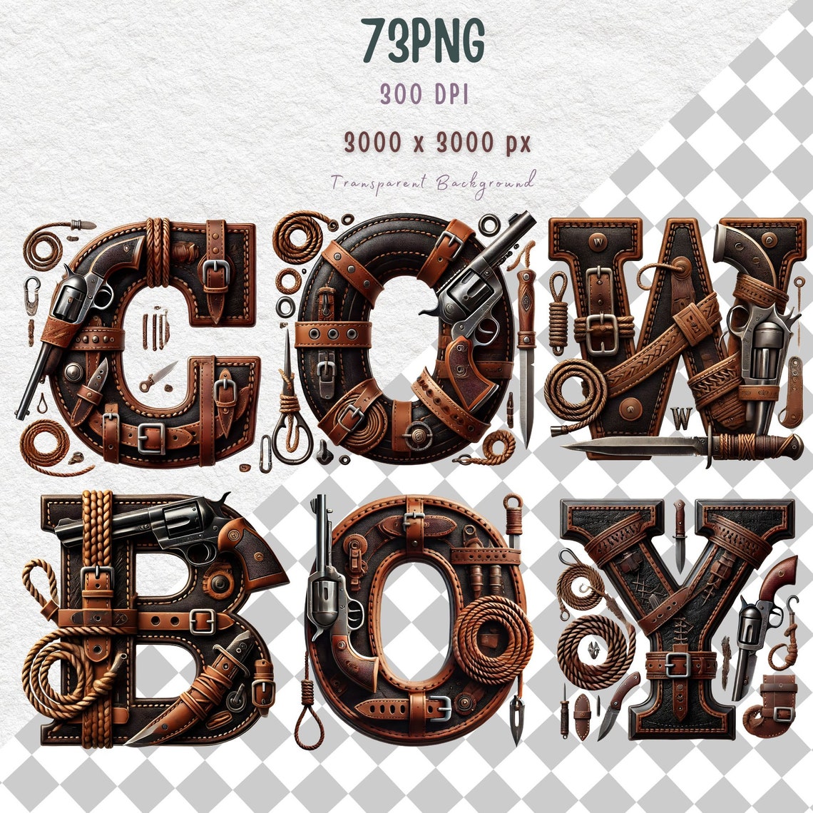 Western Cowboy Alphabet Clipart: PNG Font, Wild West Letters (PDF ...