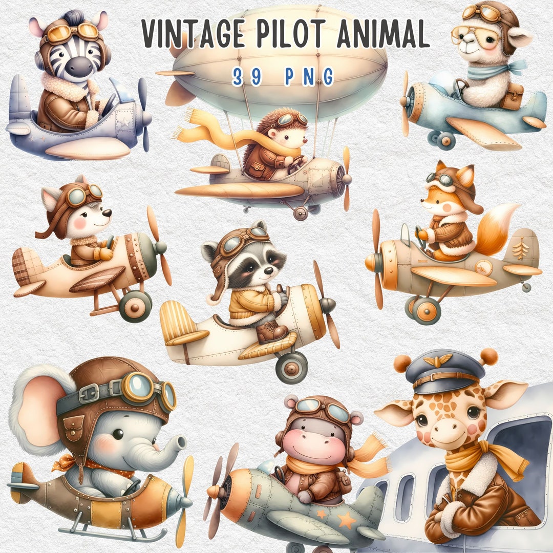 Vintage Pilot Animal Clipart: Airplane Nursery Art (digital Download ...