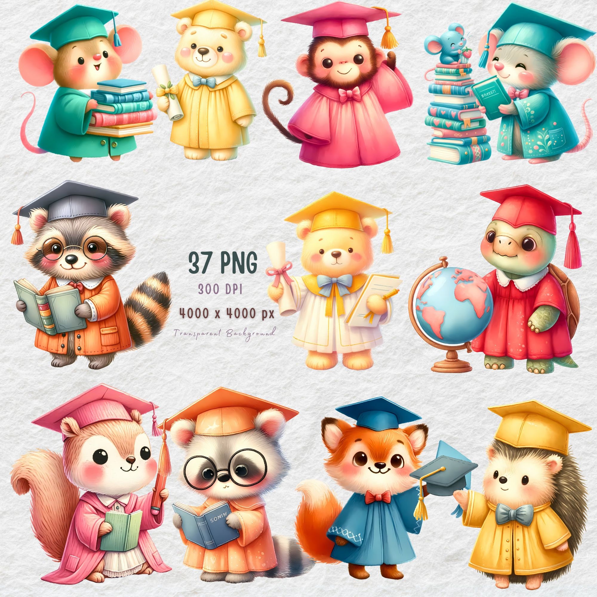Animals Graduation Clipart, Watercolor Cute Graduation Animals Clipart ...