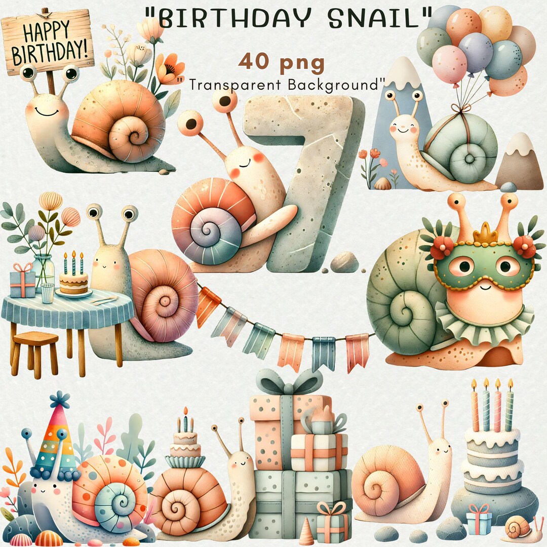 Snail Birthday Clipart, Watercolor Snail Clipart, Snail Clipart, Little ...
