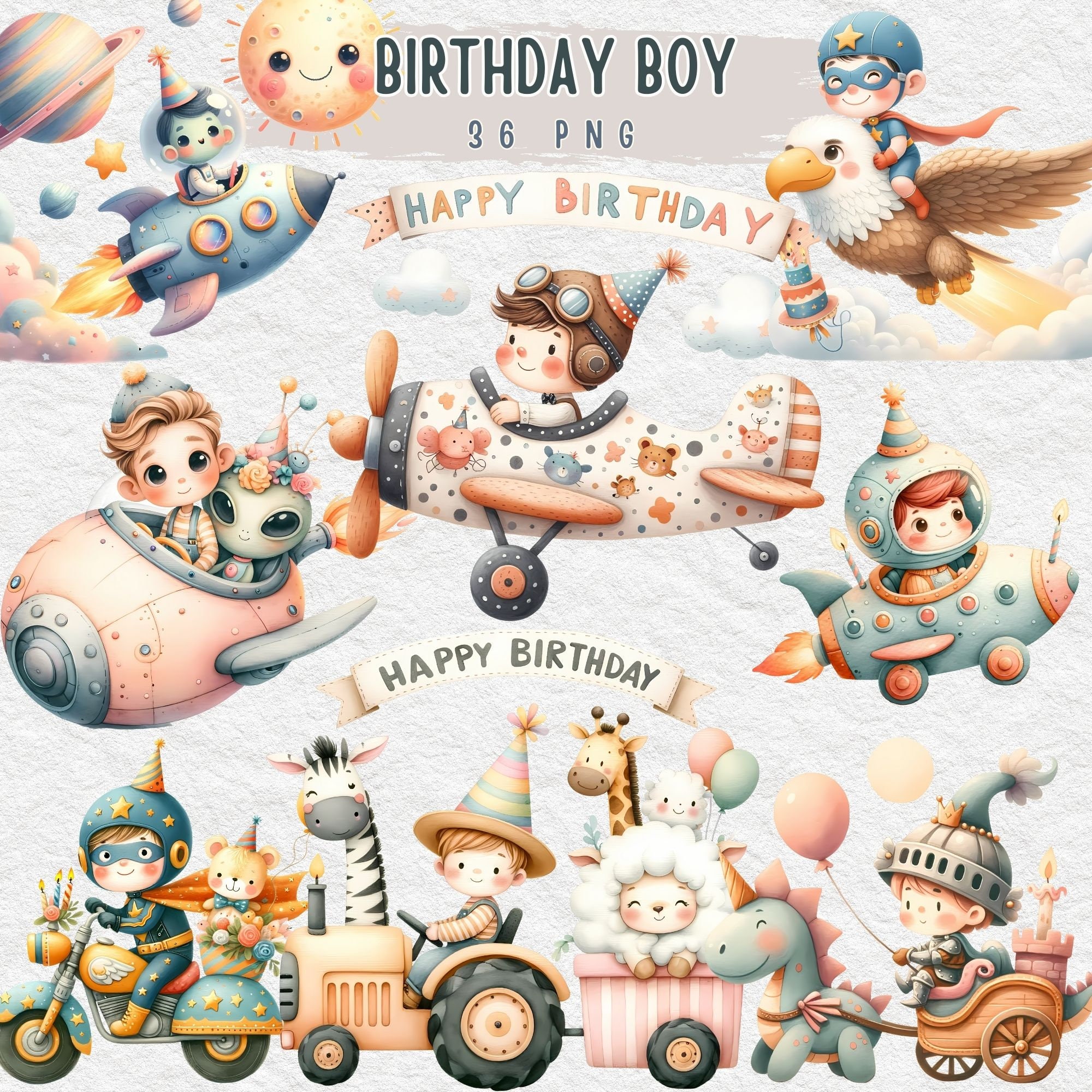 Boy Birthday Clipart, Birthday Party Clipart Bundle, Happy Birthday PNG ...