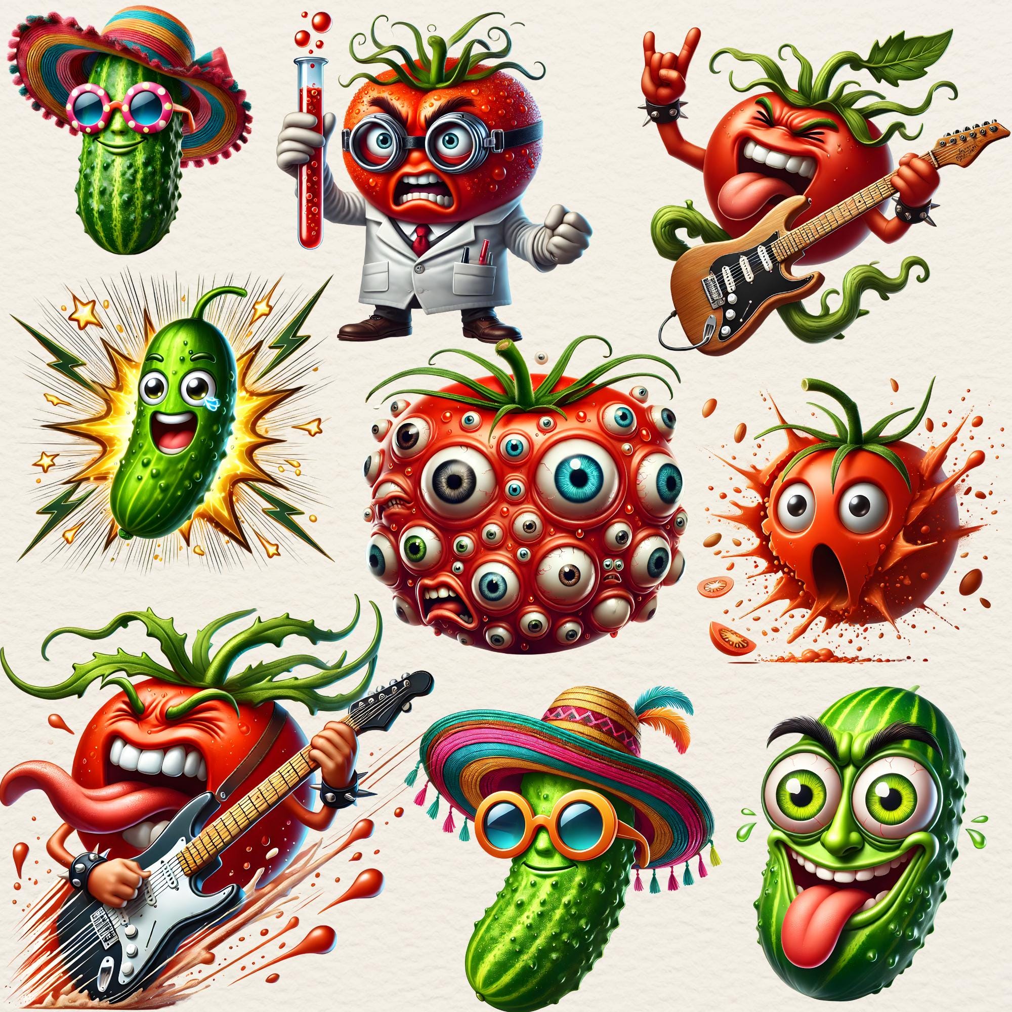 Funny Cucumber & Tomato Clipart: Crazy Vegetable PNG (digital Download ...