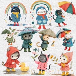 Spring Cat, Cute Cat Clipart, Cat Umbrella, Cat in Raincoat Clipart ...