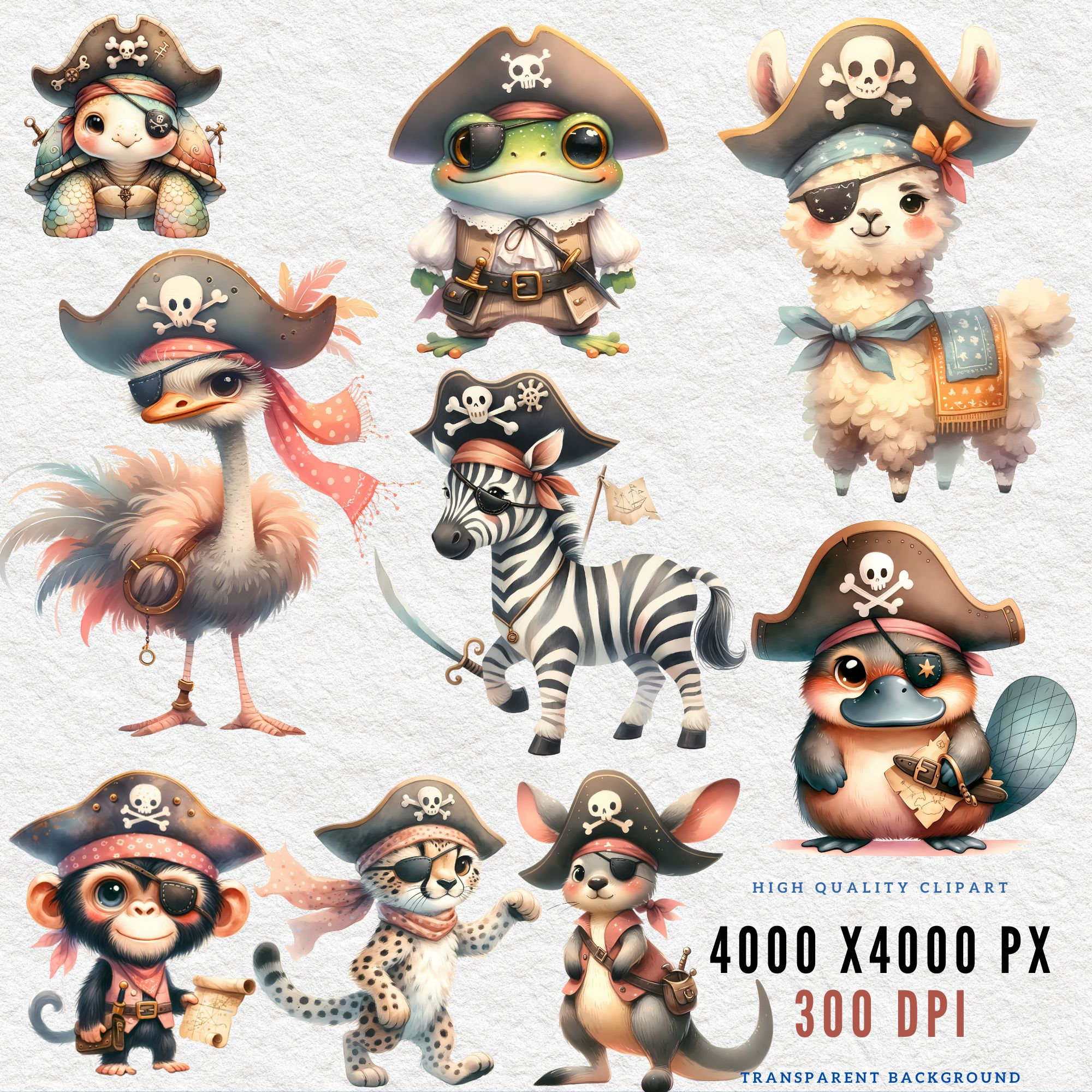 Watercolor Pirate Animals, Cute Pirate Clipart, Elephant Clipart, Baby ...