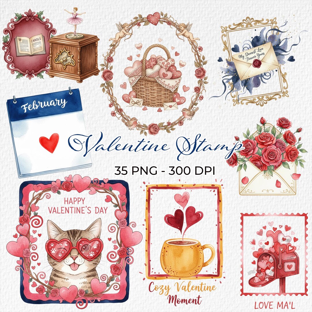 Valentine Stamp Clipart Bundle, Love Postage PNG, Roses Hearts Graphics ...