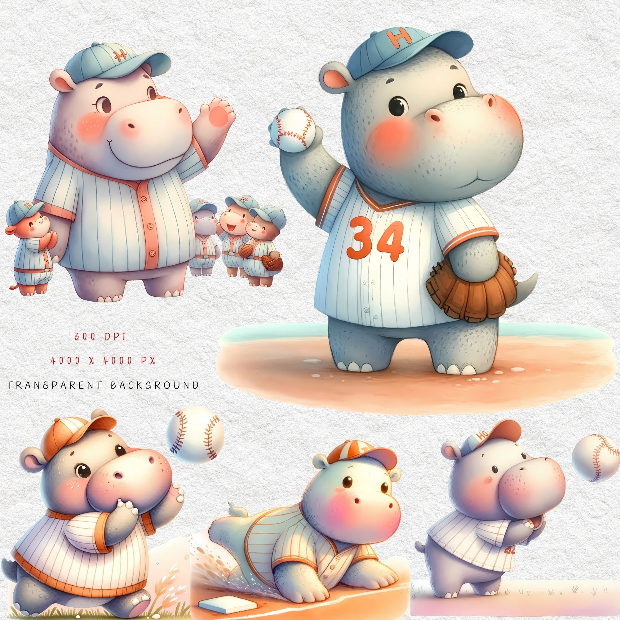 Sport Animal Clipart, Baseball Clipart, Cute Hippopotamus, Baby Hippo ...